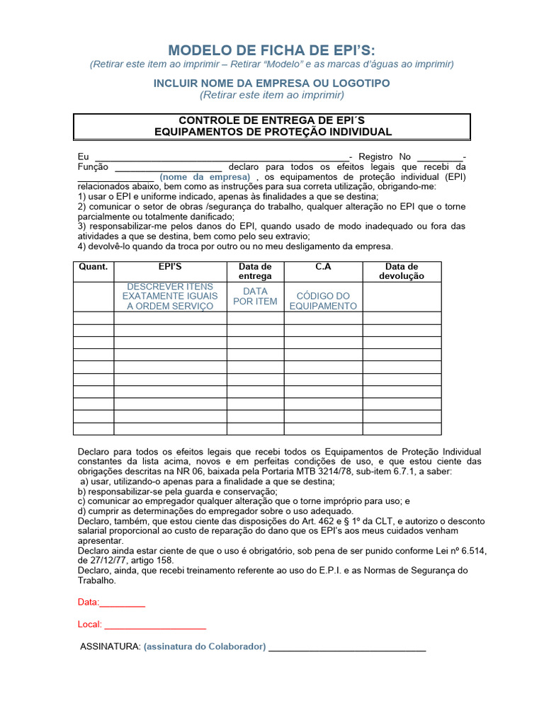 Modelo Ficha de EPI | PDF