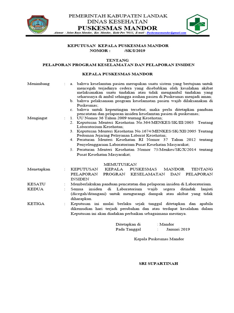 Pelaporan Insiden Keselamatan Puskesmas Mandor | PDF