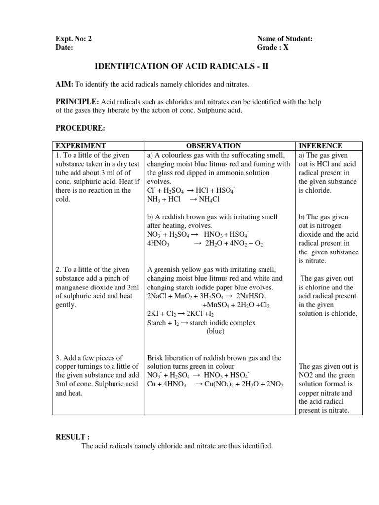 Experiment No.2 - Identification of Acid Radicals II | PDF | Chlorine ...