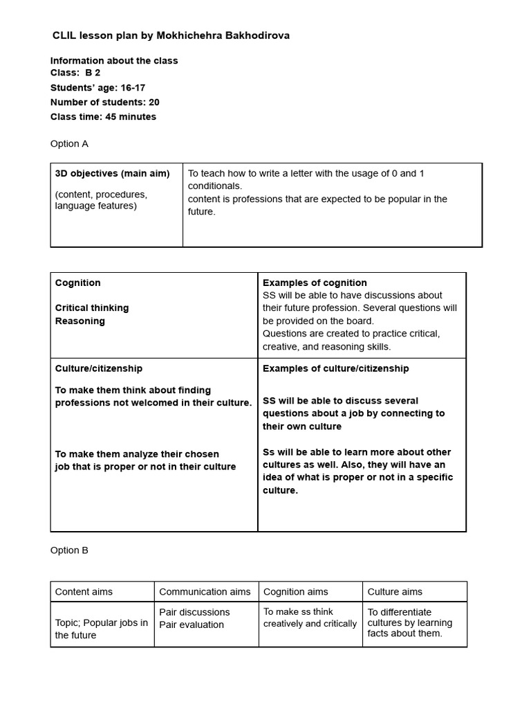 CLIL Lesson Plan (3rd Class) | PDF | Lesson Plan | Reason