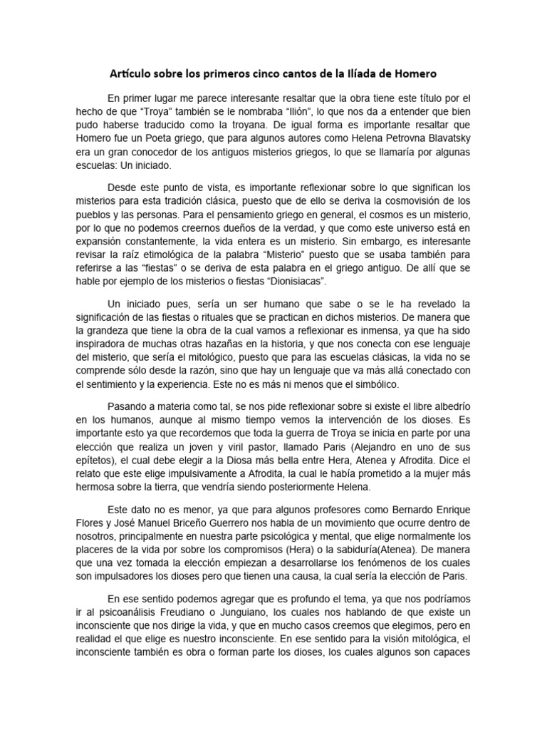 Artículo Sobre Los Primeros Cinco Cantos de La Ilíada de Homero | PDF ...