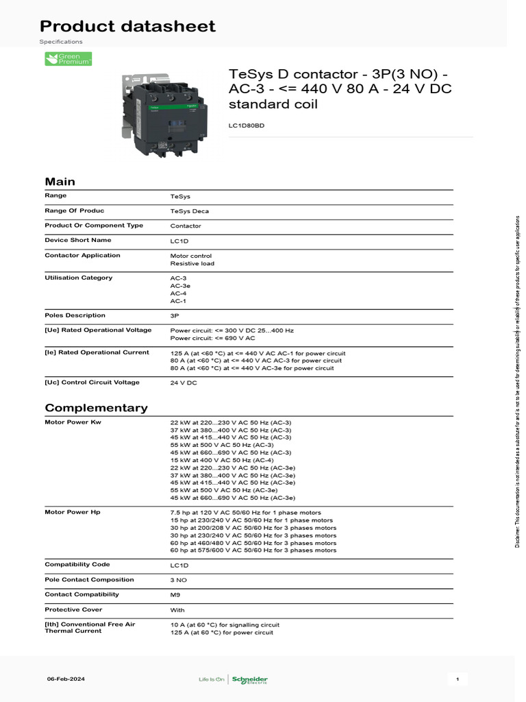 Product Datasheet: Tesys D Contactor - 3P (3 No) - Ac-3 - 440 V 80 A ...