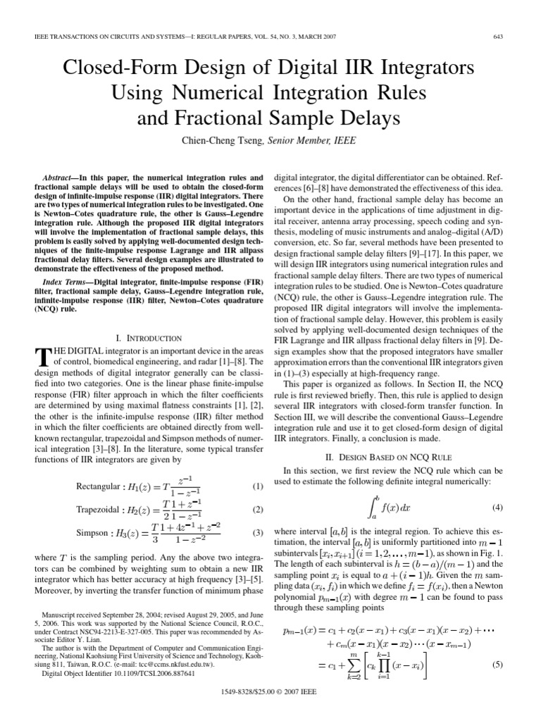 Closed-Form Design of Digital IIR Integrators Using Numerical Integration Rules and Fractional ...