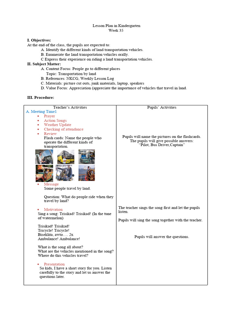 Kindergarten Land Transportation Lesson | PDF | Transport | Vehicles