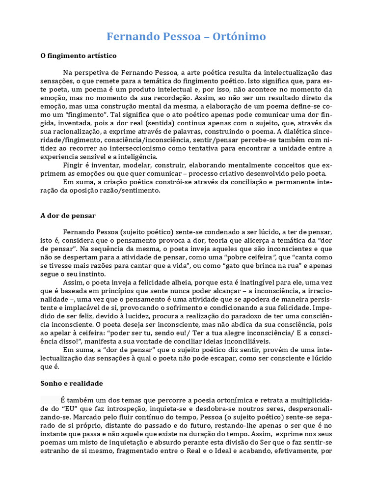 Fernando Pessoa - Ortónimo e Heterónimos - Síntese | PDF | Poesia ...
