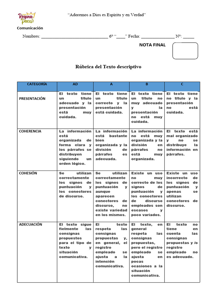 Rúbrica - Texto descriptivo | PDF | Comunicación humana