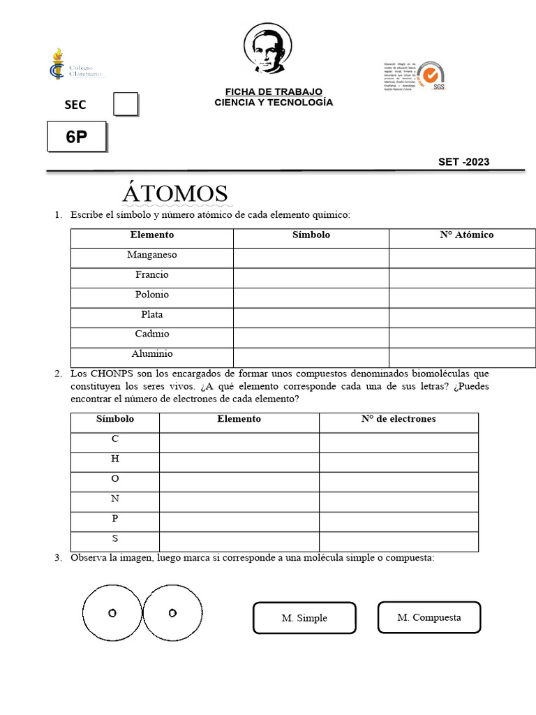 Hoja De Trabajo Sobre Moléculas Y Compuestos Hoja De Respuestas