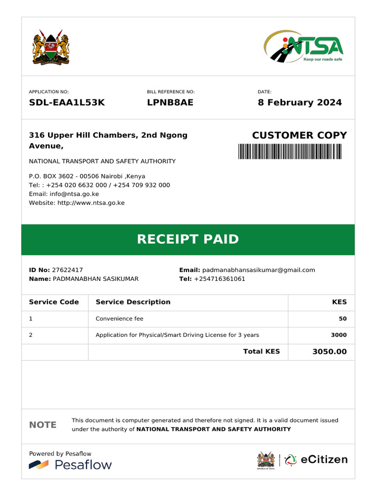SDL-EAA1L53K-RECEIPT Smart DL Application Invoice | PDF | Receipt