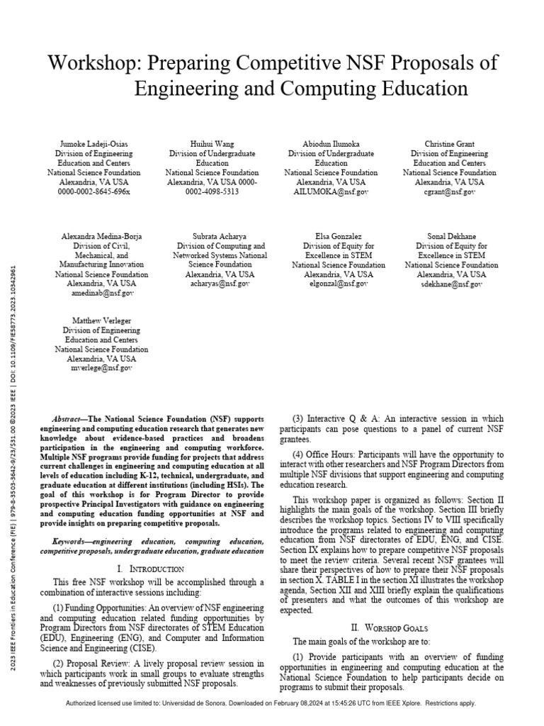 Workshop Preparing Competitive NSF Proposals of Engineering and ...