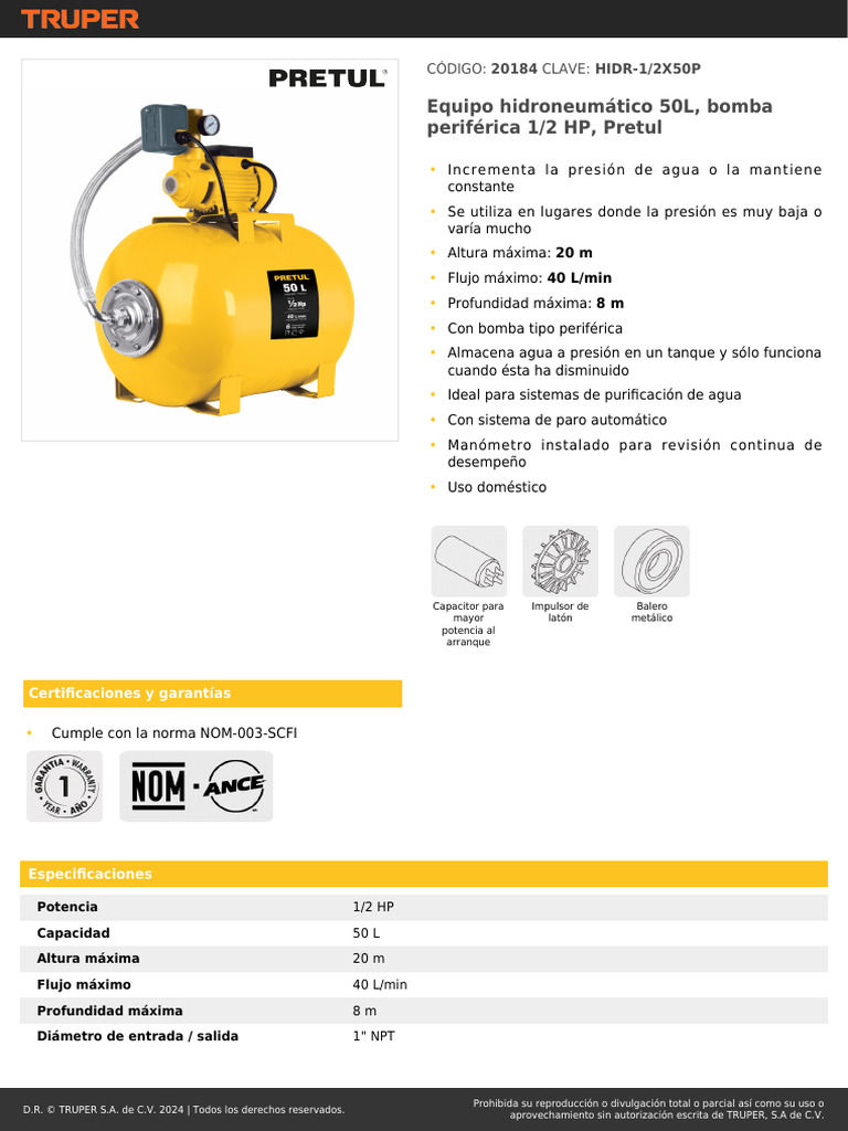 Equipo Hidroneumático 50L, Bomba Periférica 1/2 HP, Pretul: CÓDIGO: 20184 CLAVE: HIDR-1/2X50P ...