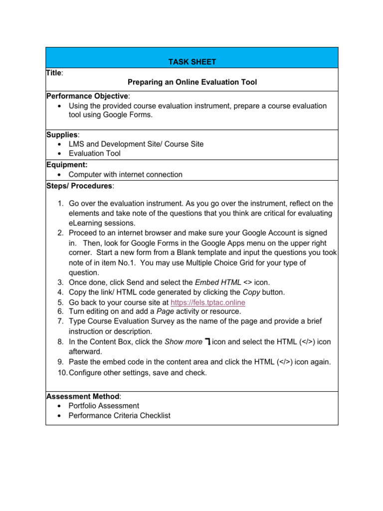 15 TASK SHEET - Preparing An Online Evaluation Tool (Revised) | Download Free PDF | Icon ...