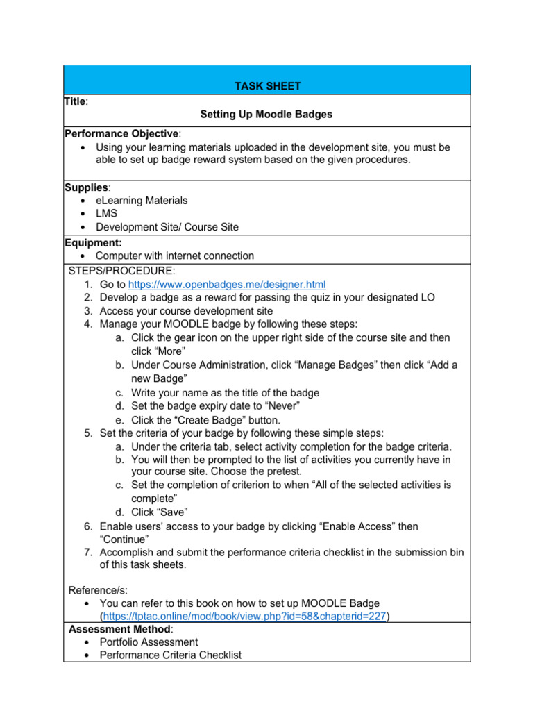 14 TASK SHEET - Setting Up MOODLE Badge (Revised) | PDF | Cognition | Learning