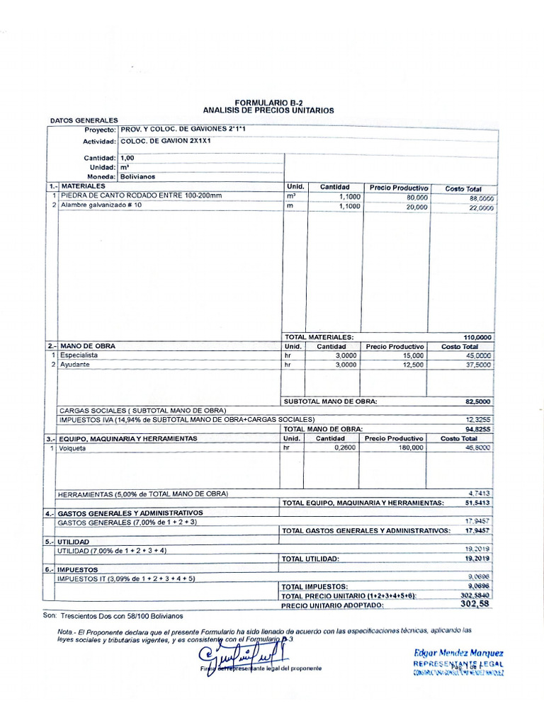 Formulario B-2 Análisis de Precios Unitarios | PDF