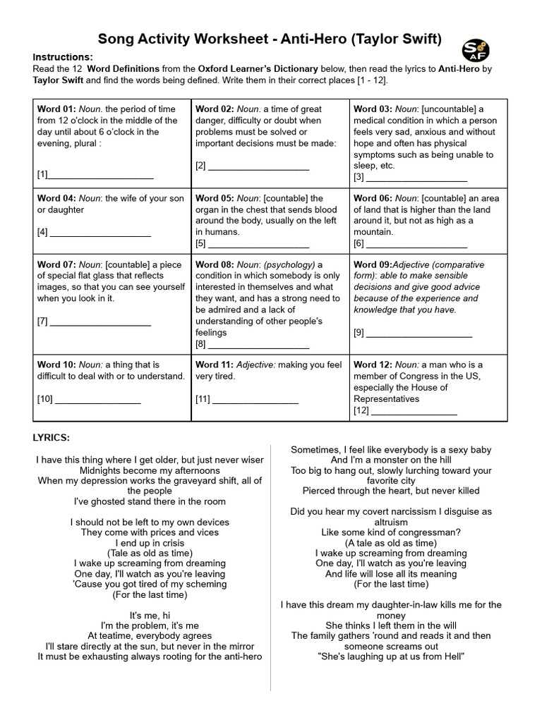 Anti-Hero Song Activity Worksheet | PDF | Noun | Word