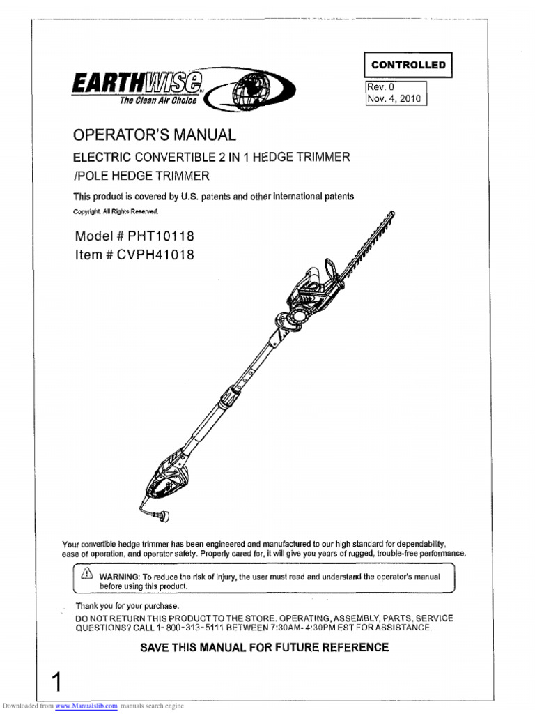 Earthwise PHT10118 Hedge Trimmer Manual | PDF | Ac Power Plugs And Sockets | Electrical Connector