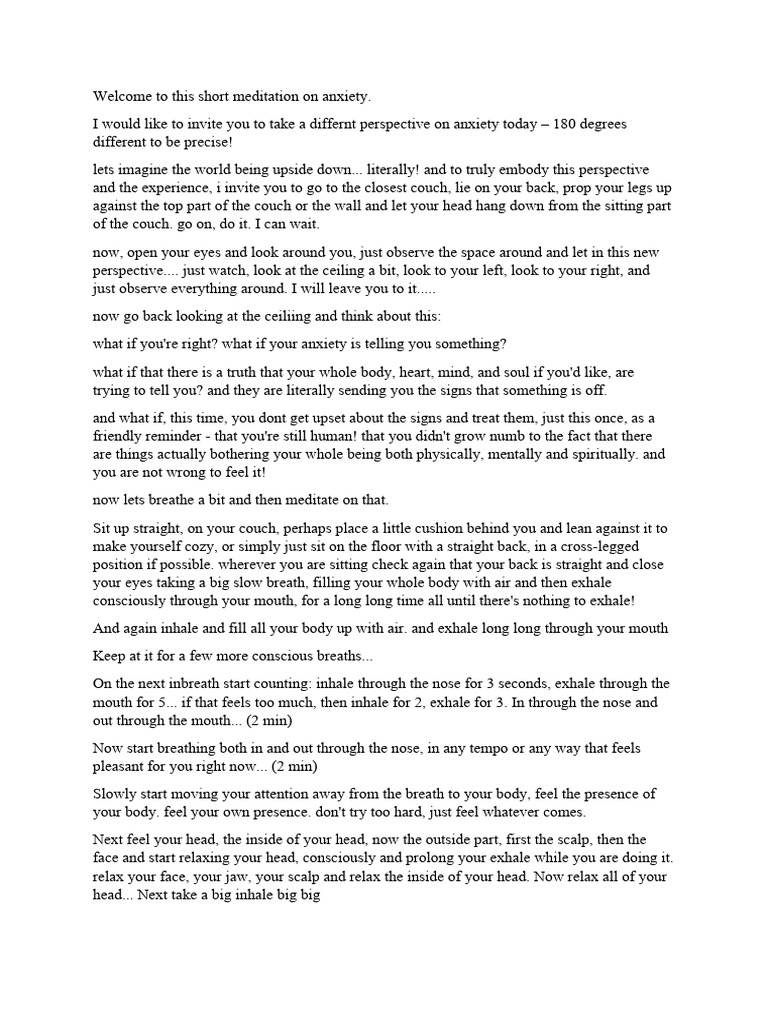ANXIETY Meditation Script | PDF | Breathing | Exhalation