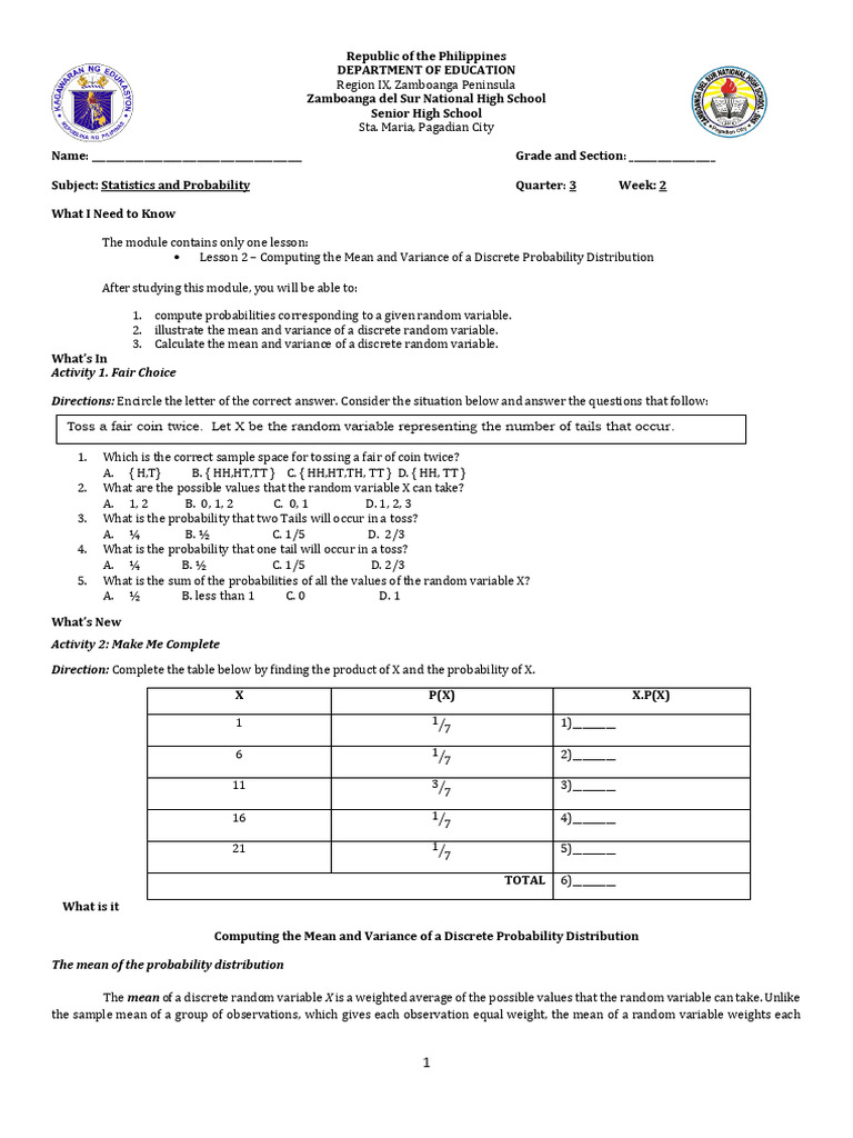 Mean and Variance in Probability Distributions | PDF | Variance ...