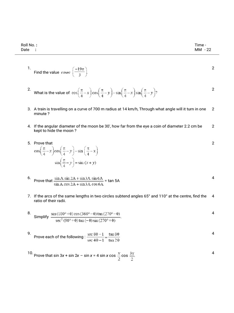 Trigonometric Function Practice Questions | PDF