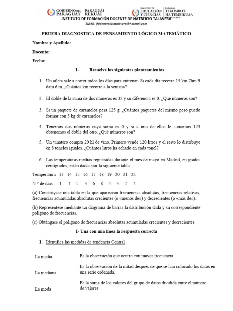 Prueba Diagnostica de Pensamiento Lógico Matemático | PDF
