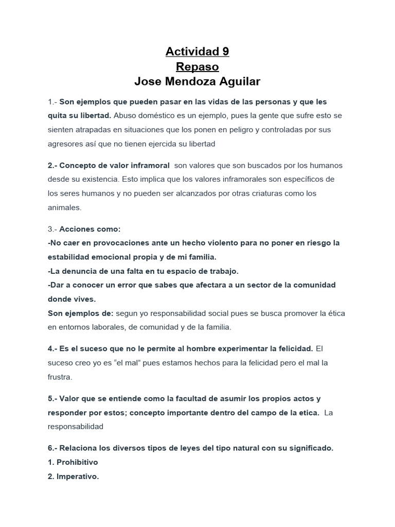 Actividad 9 Repaso Jose Mendoza Aguilar: 1.-Son Ejemplos Que Pueden Pasar en Las Vidas de Las ...