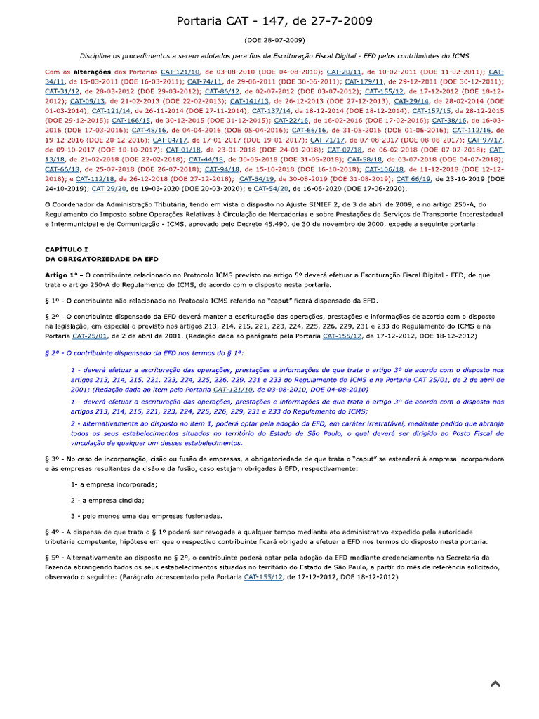 Portaria CAT 147 - 2009 Sped Fiscal SP | PDF