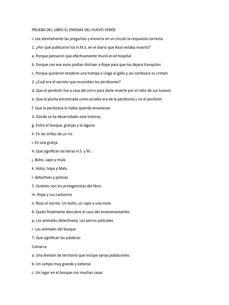 Prueba Del Libro El Enigma Del Huevo Verde | PDF | Pollo | Huevo