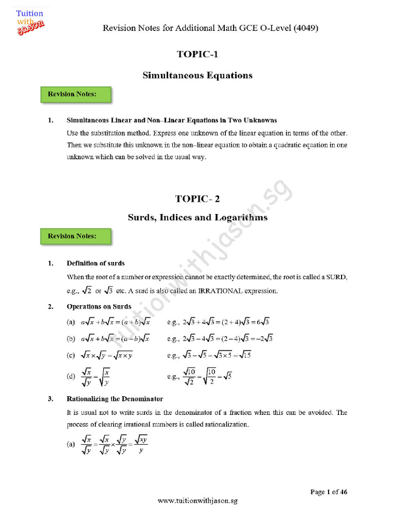 Revision Notes For A Math GCE O Level 4049 For Web 240209 001733 | PDF