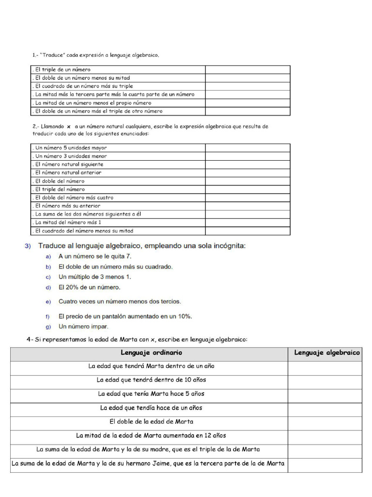 Ficha - Lenguaje Algebraico. | PDF