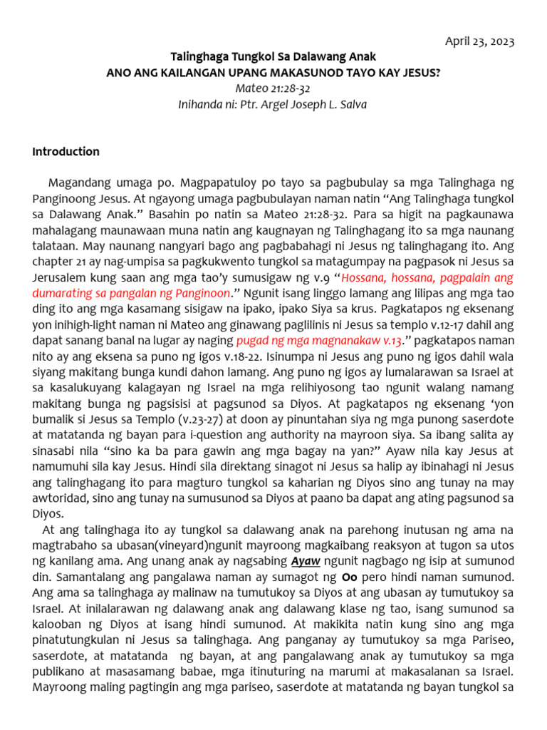 The Parable of Two Sons | PDF