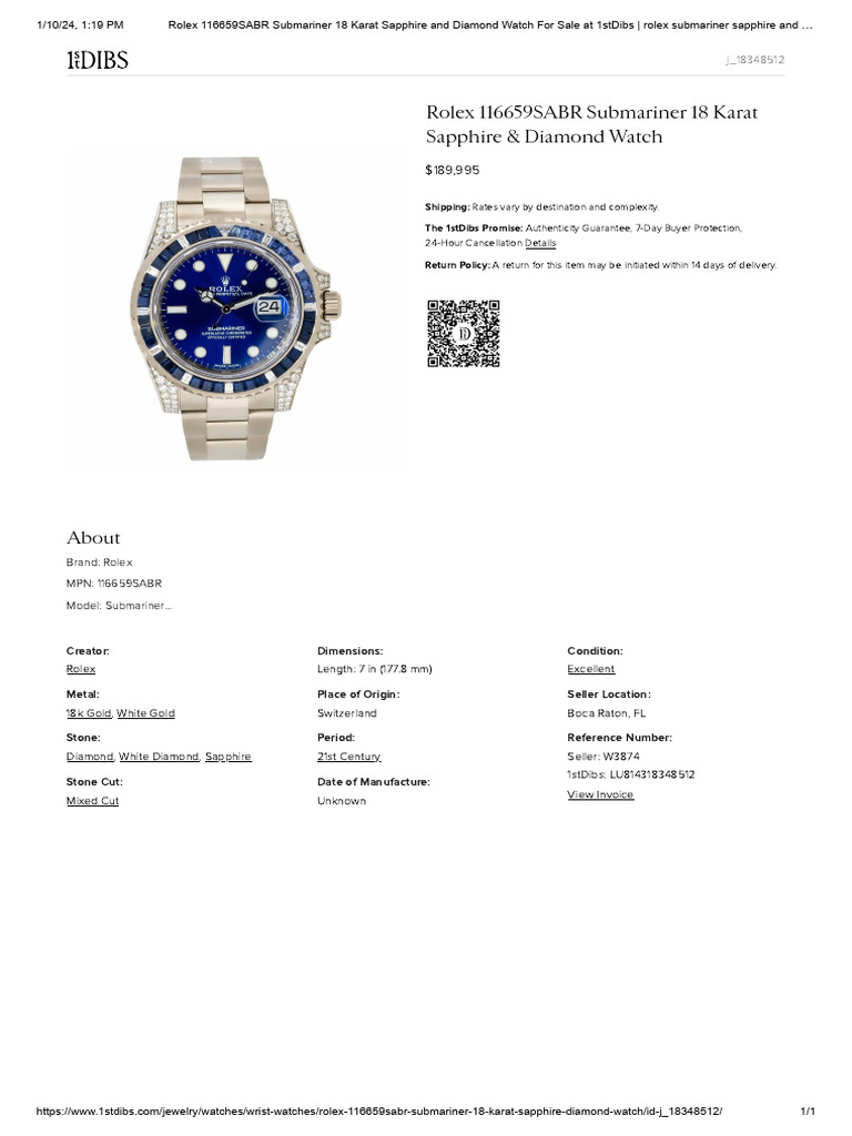Rolex 116659SABR Submariner 18 Karat Sapphire & Diamond Watch | PDF