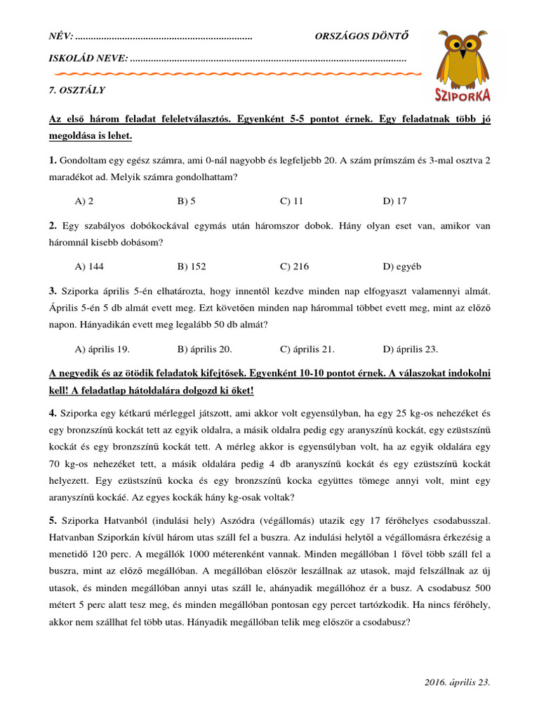 SZIPORKA 2016 7. Évfolyam Döntő | PDF