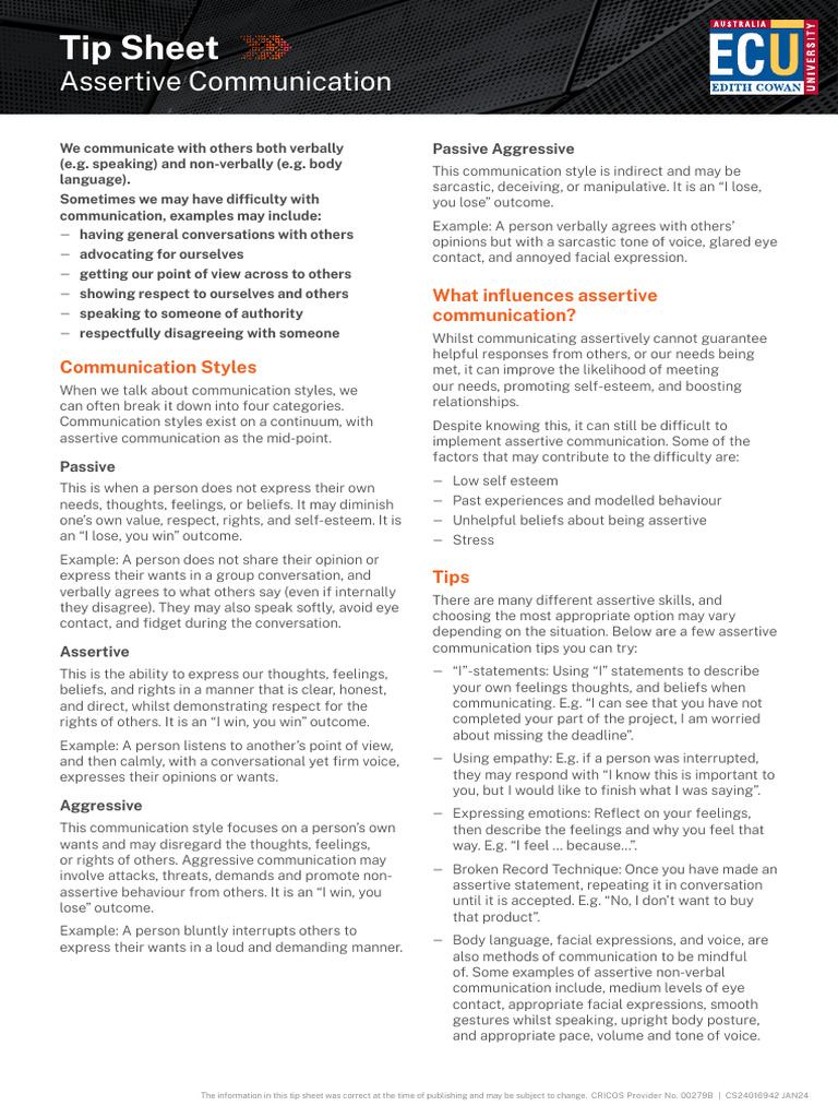 Assertive Communication Tip Sheet | PDF | Communication | Body Language