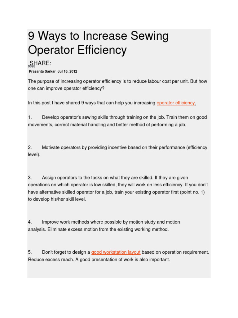 9 Ways to Increase Sewing Operator Efficiency | PDF | Performance ...