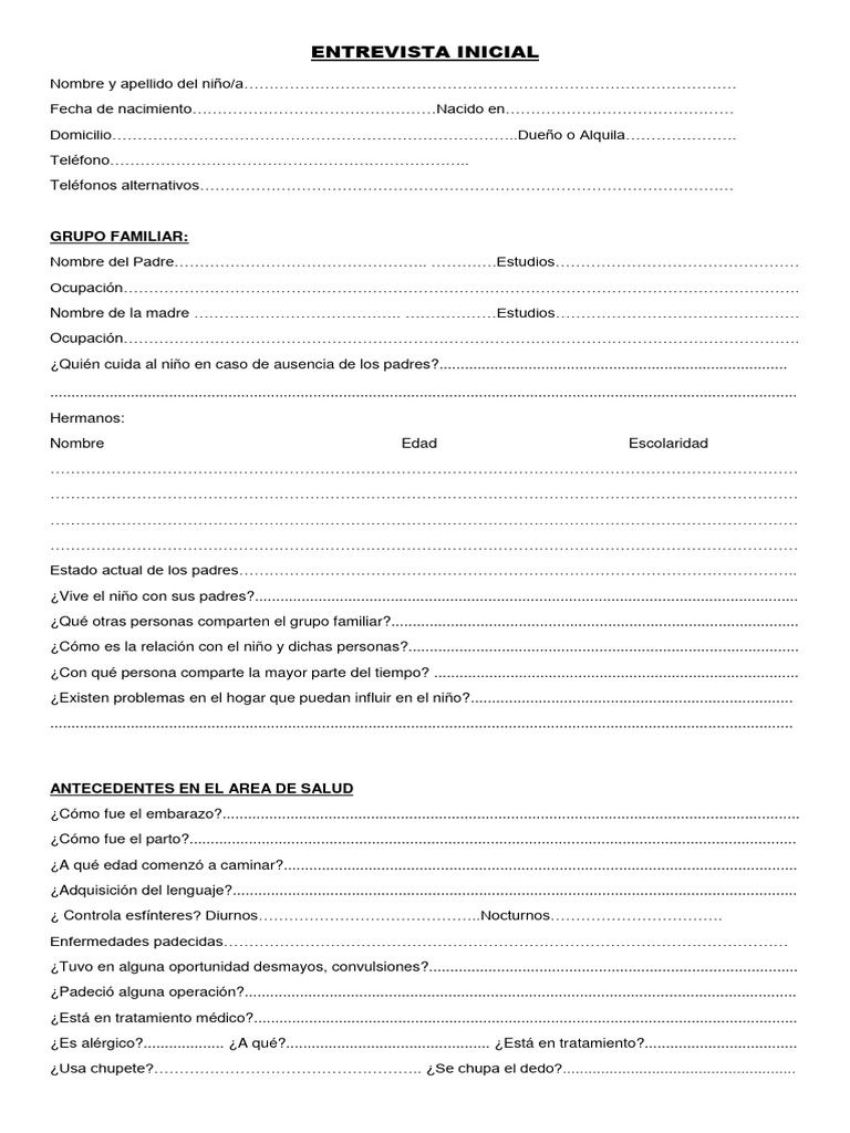 Entrevista Inicial Maternal | PDF | Relaciones personales, crianza y desarrollo personal | Salud ...