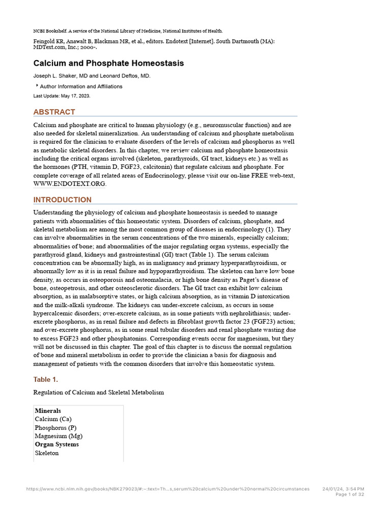 Calcium and Phosphate Homeostasis - Endotext - NCBI Bookshelf | PDF ...