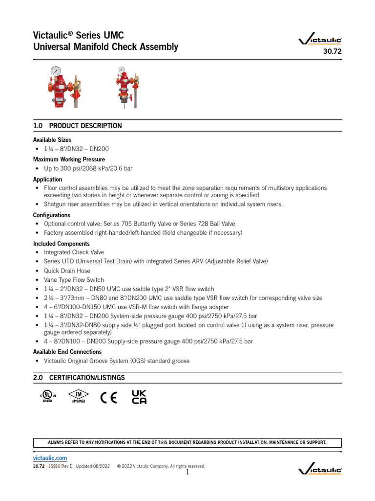 Victaulic Series UMC Universal Manifold Check Assembly: 1.0 Product Description | PDF | Valve ...