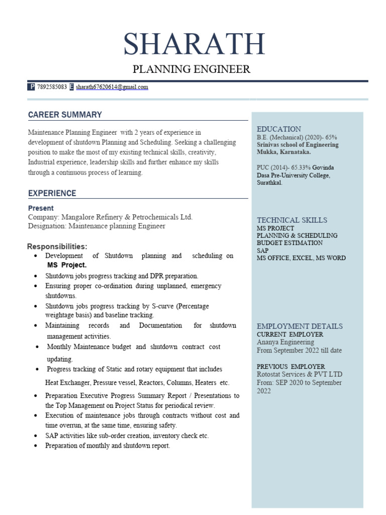 Sharath Resume | Download Free PDF | Oil Refinery | Heat Exchanger
