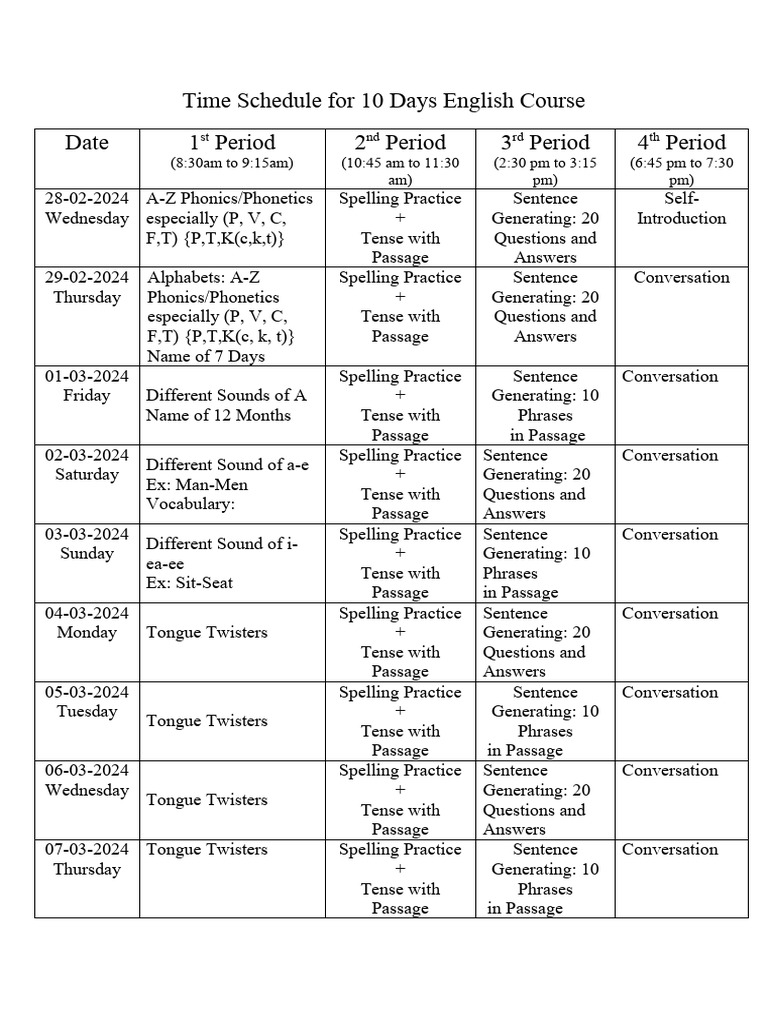 10-Day English Course Schedule | PDF | Linguistics | Human Communication
