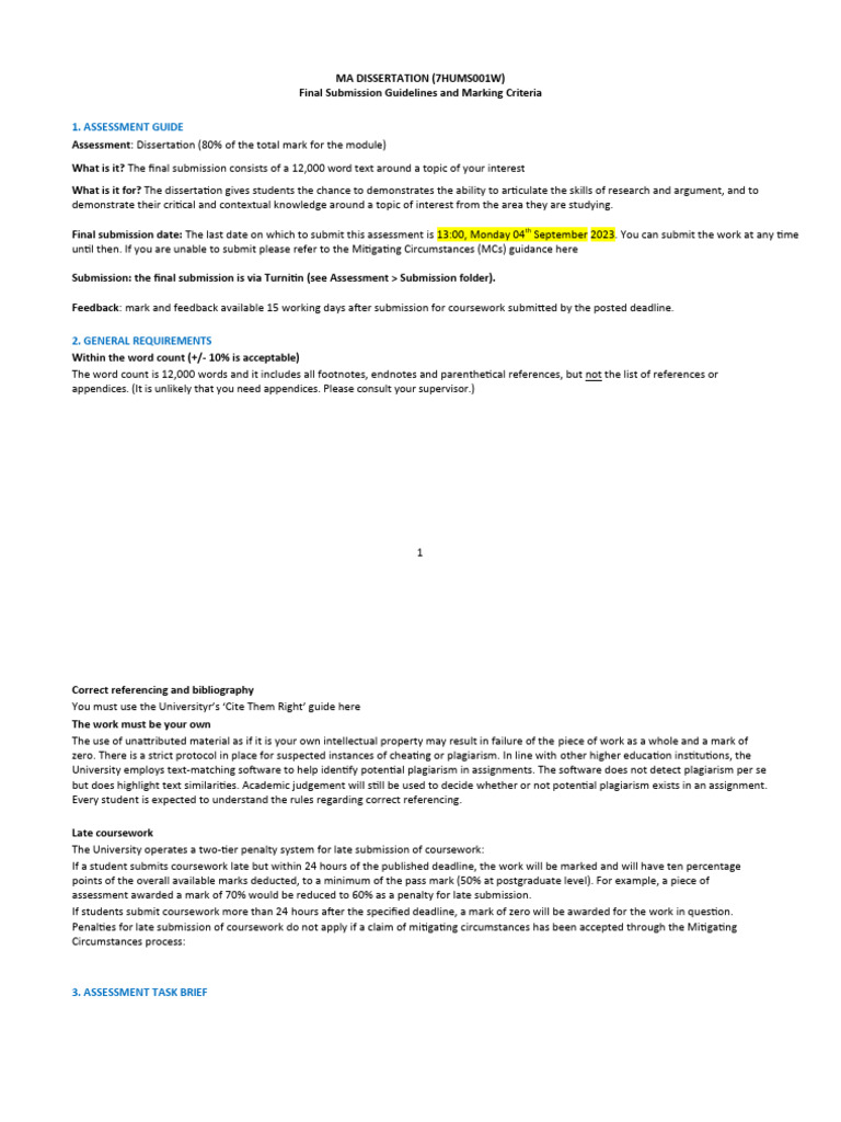 MA Dissertation Submission Guidelines | PDF | Thesis | Evaluation