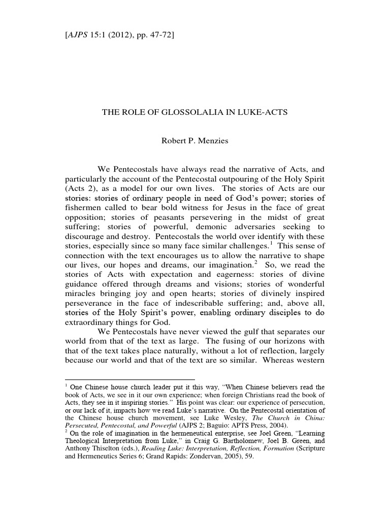 Robert P. Menzies The Role of Glossolalia | PDF | Acts Of The Apostles ...