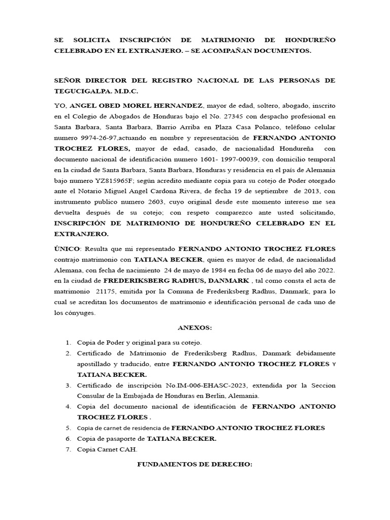 Se Solicita Inscripción De Matrimonio De Hondureño Celebrado En El Extranjero Pdf