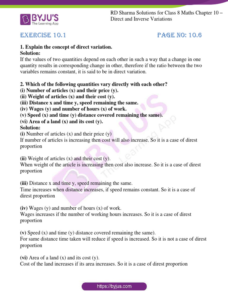 RD Sharma Class 8 Maths Chapter 10 Direct and Inverse Variations ...