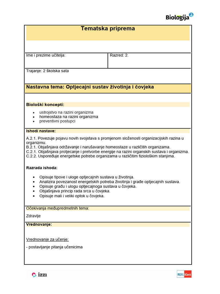 7.1.tematska Priprema Optjecajni Sustav Zivotinja I Covjeka | PDF