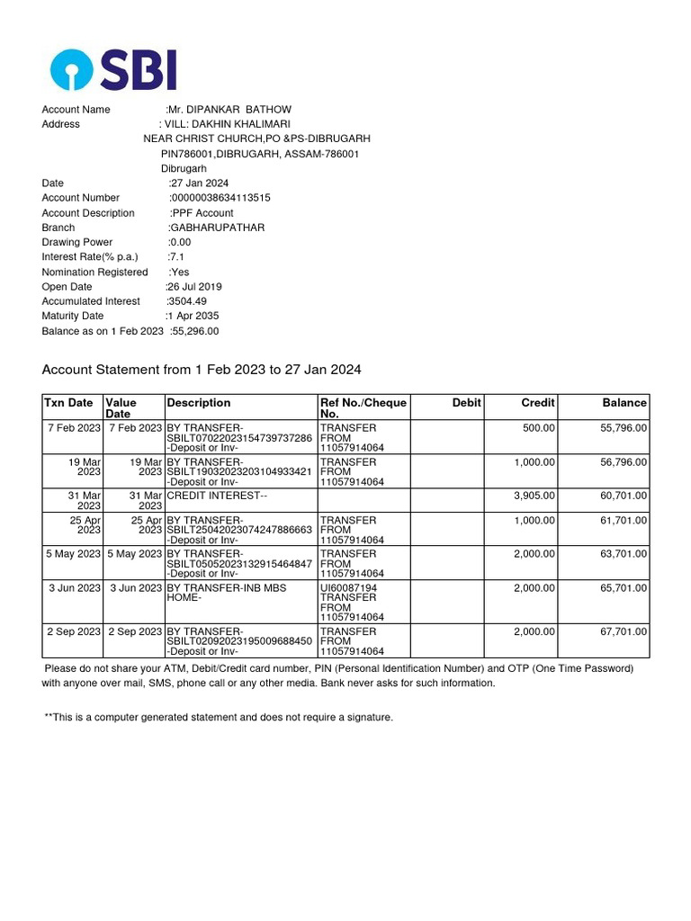 Account Statement From 1 Feb 2023 To 27 Jan 2024 Txn Date Value Date Description Ref No Cheque