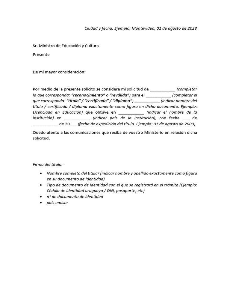 Carta de Solicitud Reconocimiento o Reválida - Ejemplo | PDF