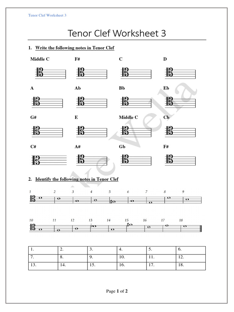 Tenor Clef Worksheet 3 | PDF