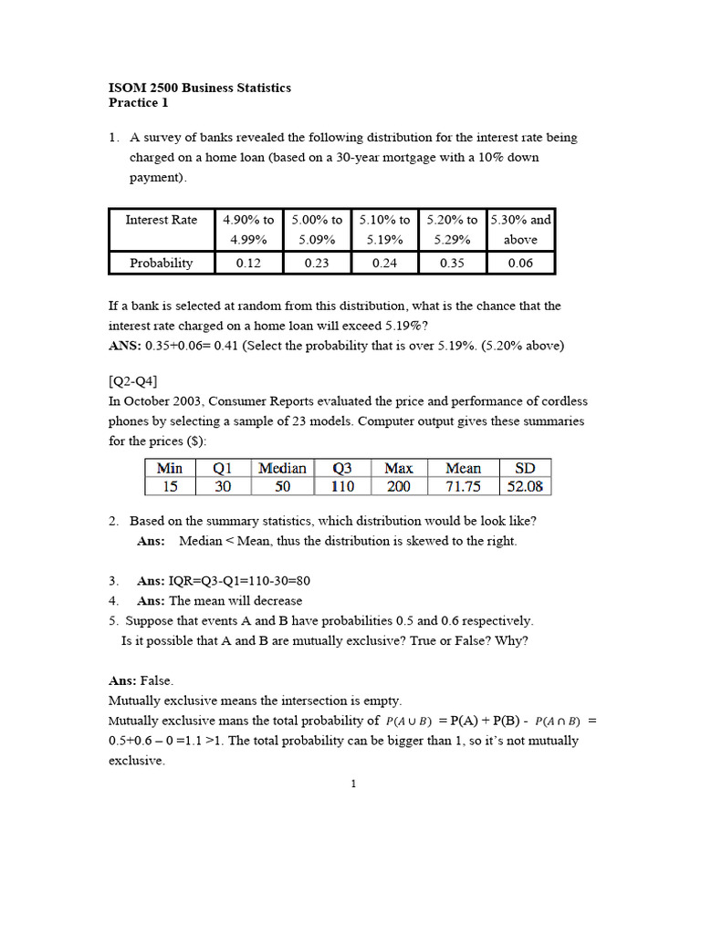 ISOM2500Practice - Quiz 1 - Sol | PDF | Quartile | Statistics