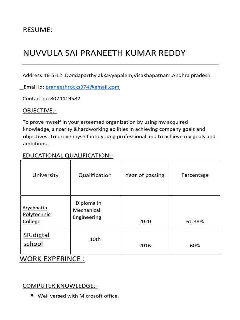 Resume of Nuvvula Sai Praneeth Kumar | PDF | Career & Growth