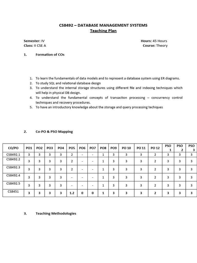 Teaching Plan - CS8492 - DBMS | PDF Teaching Plan - CS8492 - DBMS | PDF
