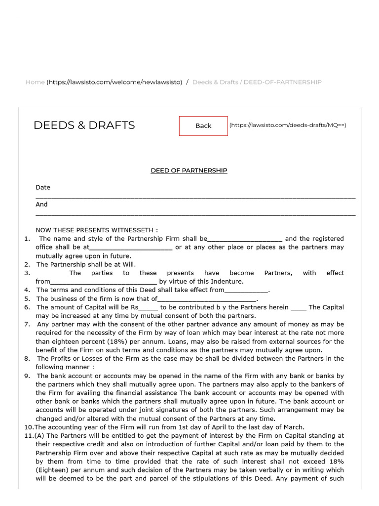 DEED OF PARTNERSHIP - Deeds & Drafts | PDF | Partnership | Interest